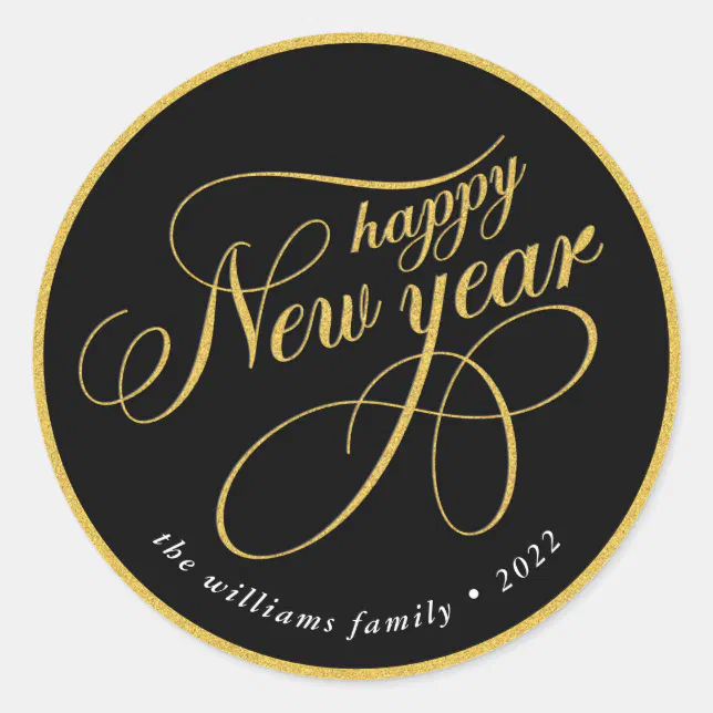 Happy New Year Gold & Black Typography Classic Round Sticker | Zazzle