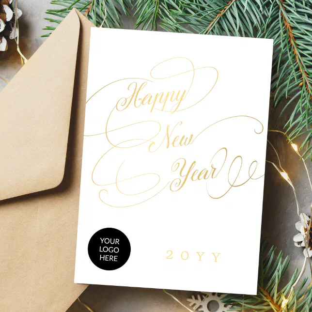 Happy New Year gold script business corporate logo Holiday Card | Zazzle