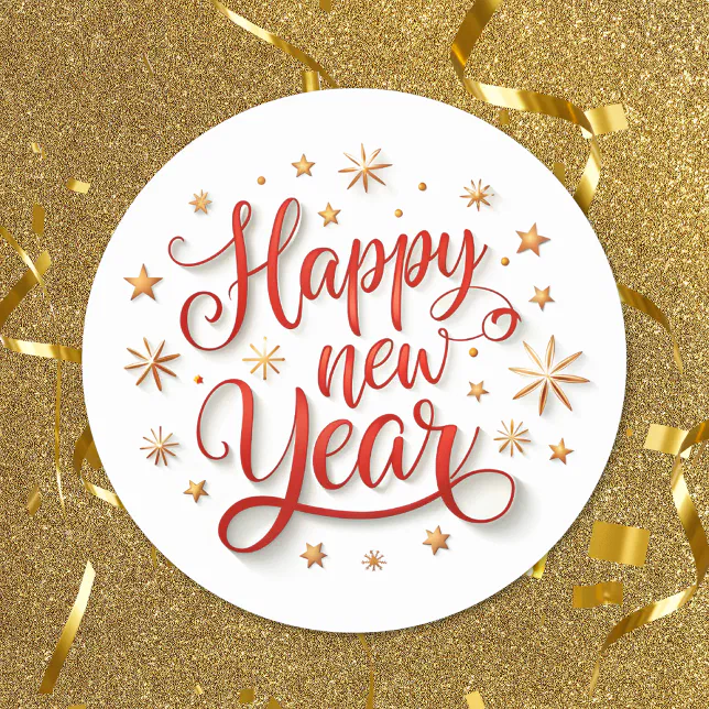 Happy New Year Gold Sparkle Script Classic Round Sticker | Zazzle
