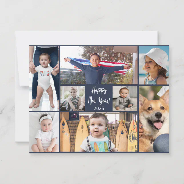 Happy New Year Modern Dark Blue 8 Photo Note Card | Zazzle