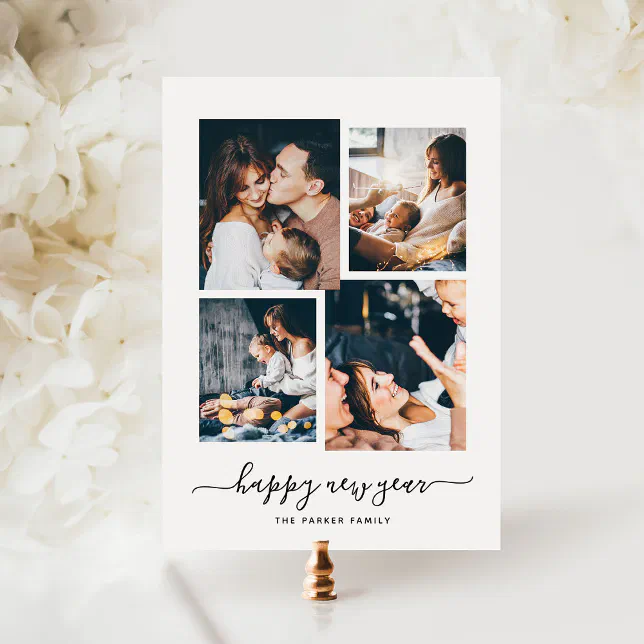 Happy New Year | Modern Four Photo Collage Holiday Card | Zazzle