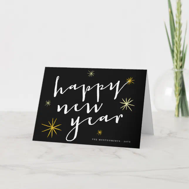 Happy New Year Modern Script Chic Gold Starburst Holiday Card | Zazzle