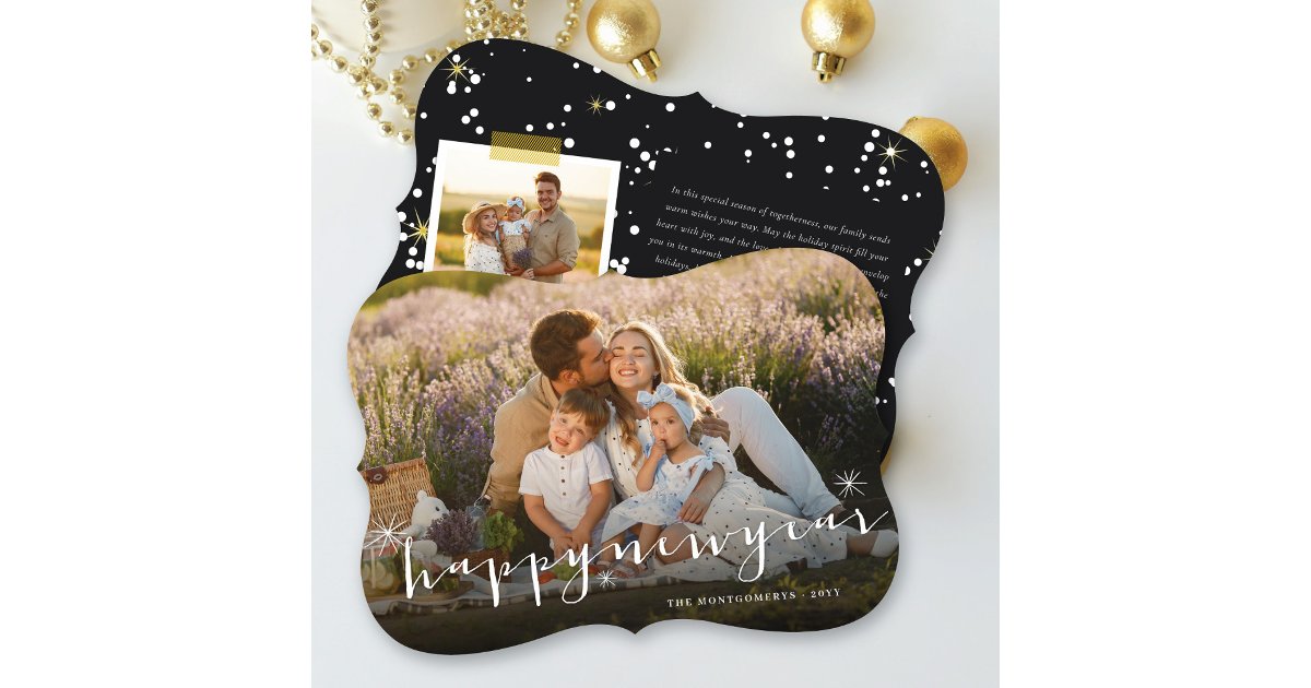 Happy New Year Modern Script Gold Starburst Photo Holiday Card | Zazzle