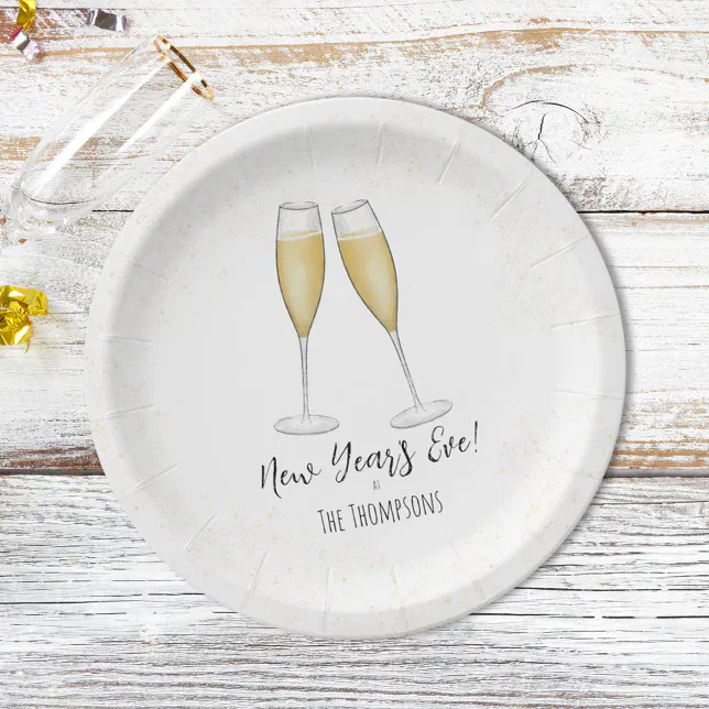 Happy New Year Party Champagne Watercolor Gold Paper Plates | Zazzle