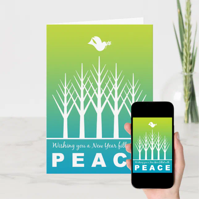 Happy New Year Peace Dove Winter Trees Green Blue Holiday Card | Zazzle