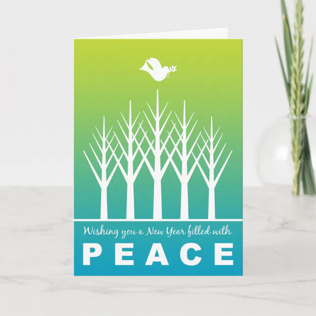 Happy New Year Peace Dove Winter Trees Green Blue Holiday Card | Zazzle