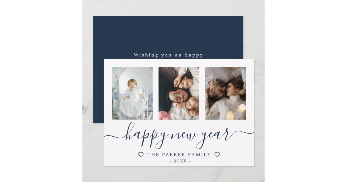 Happy New Year Photo Collage Blue Card | Zazzle