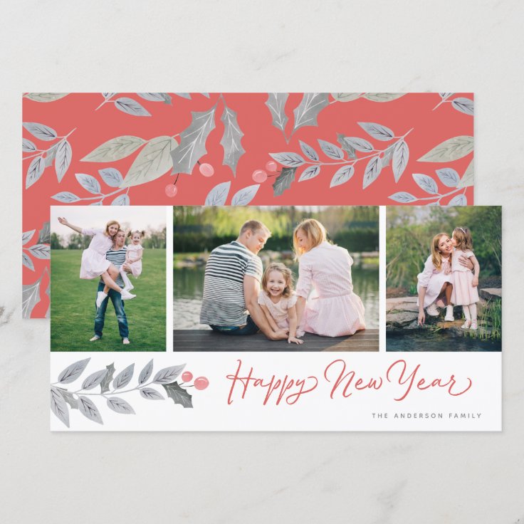 Happy New Year Rustic Floral 3 Photo Collage Holiday Card | Zazzle