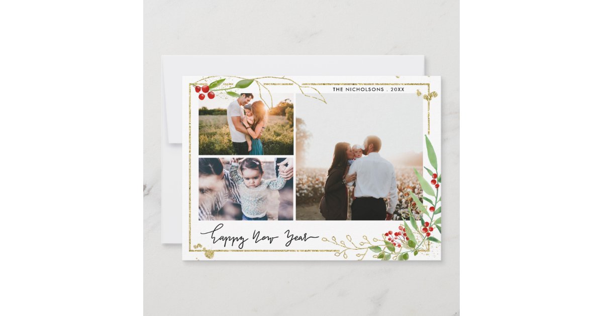 Happy New Year | Script Red Berry Multi Photo Holiday Card | Zazzle