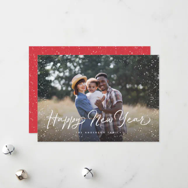 Happy New Year Script Snow Photo Holiday Card | Zazzle