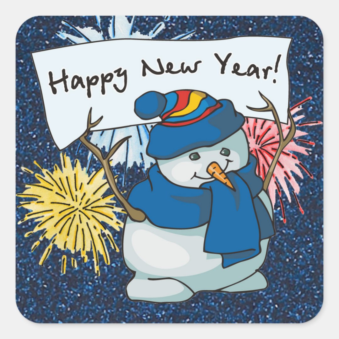 happy new year snowman square sticker | Zazzle