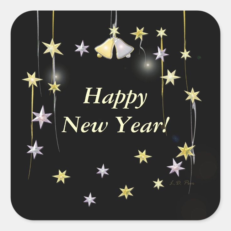 Happy New Year Stars on Black Square Sticker | Zazzle
