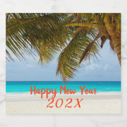 Happy New Year Tropical Beach Custom Bottle Labels | Zazzle