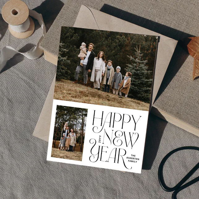 Happy new year two photo simple elegant holiday card | Zazzle