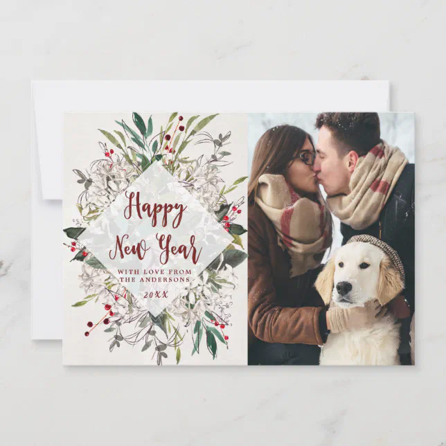 happy new year winter floral greenery photo card | Zazzle