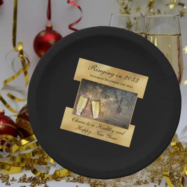 Happy New Year's Eve Elegant Modern Black Gold Paper Plates | Zazzle