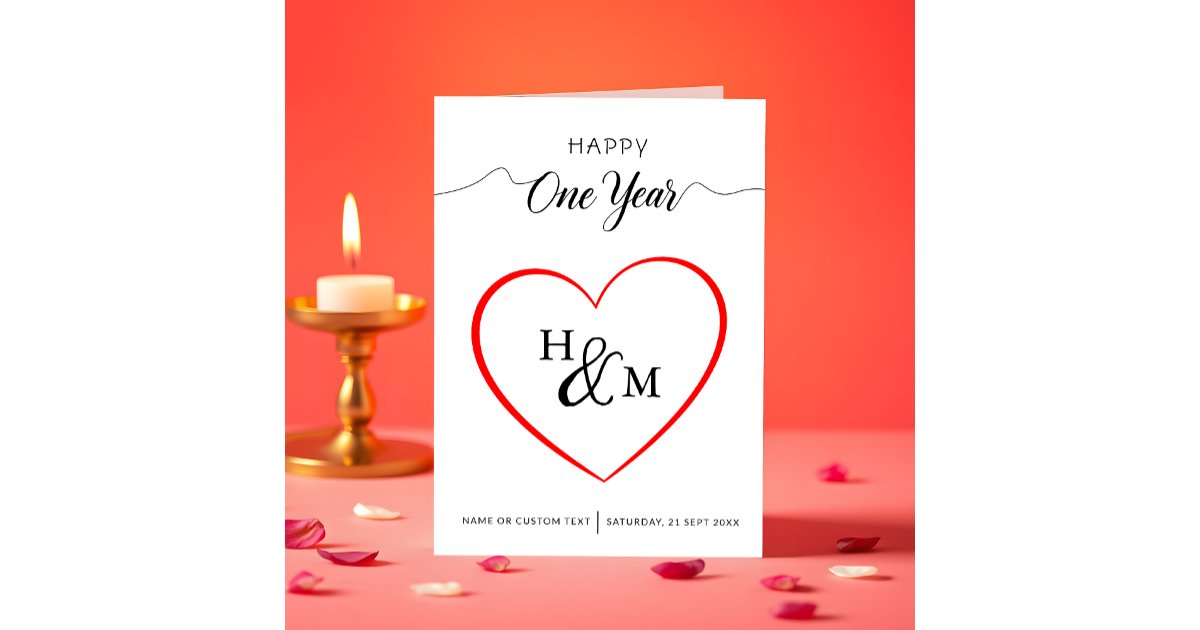 Happy One Year Elegant Monogram Heart Anniversary Card | Zazzle