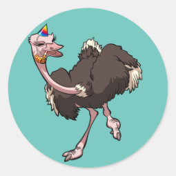 Happy Ostrich Dancing in Party Hat Cartoon Classic Round Sticker | Zazzle