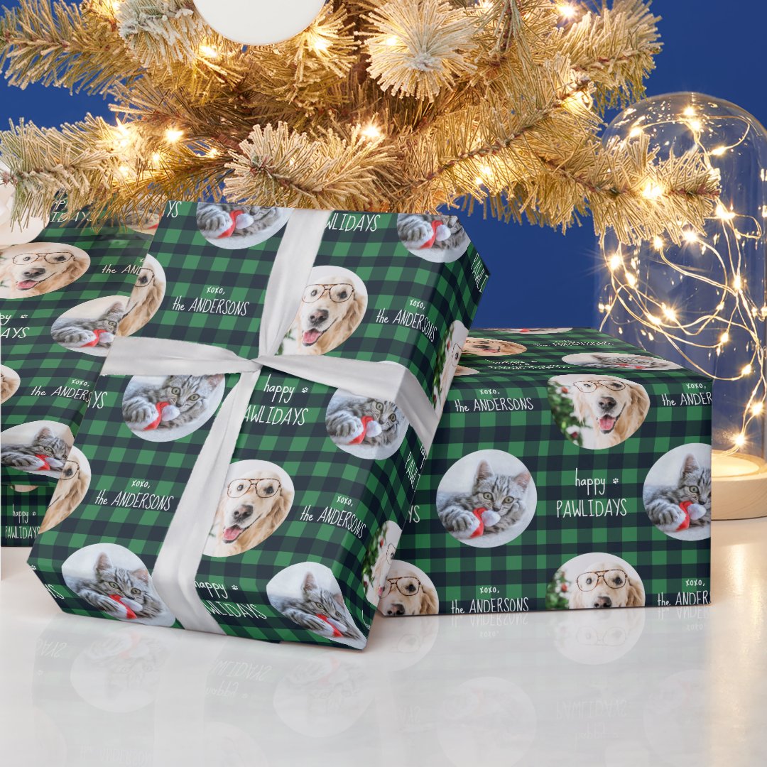 Happy Pawlidays Buffalo Plaid Custom Cat Dog Photo Wrapping Paper | Zazzle