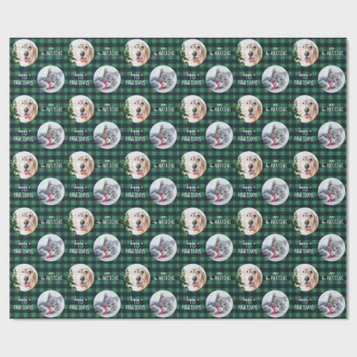 Happy Pawlidays Buffalo Plaid Custom Cat Dog Photo Wrapping Paper | Zazzle