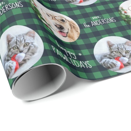 Happy Pawlidays Buffalo Plaid Custom Cat Dog Photo Wrapping Paper | Zazzle
