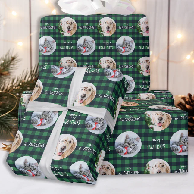 Happy Pawlidays Buffalo Plaid Custom Cat Dog Photo Wrapping Paper | Zazzle