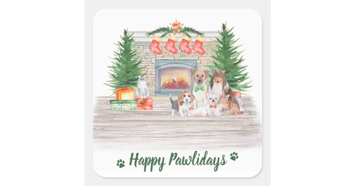 Happy Pawlidays Dogs Cats Puppies Kitten Christmas Square Sticker | Zazzle