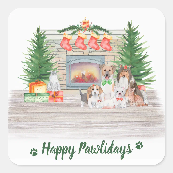 Happy Pawlidays Dogs Cats Puppies Kitten Christmas Square Sticker | Zazzle