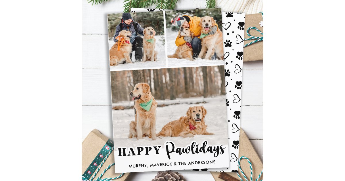 Happy Pawlidays Personalized Cute Pet Dog 3 Photo Holiday Card | Zazzle