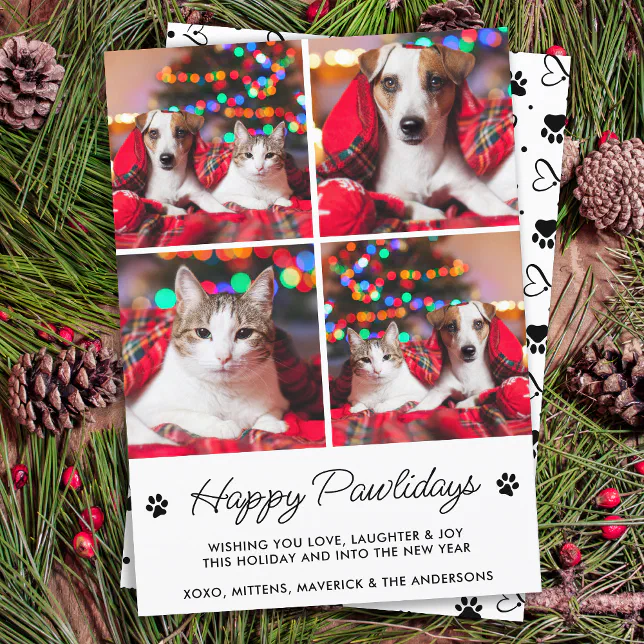 Happy Pawlidays Personalized Dog Cat Pet 4 Photo Holiday Card | Zazzle