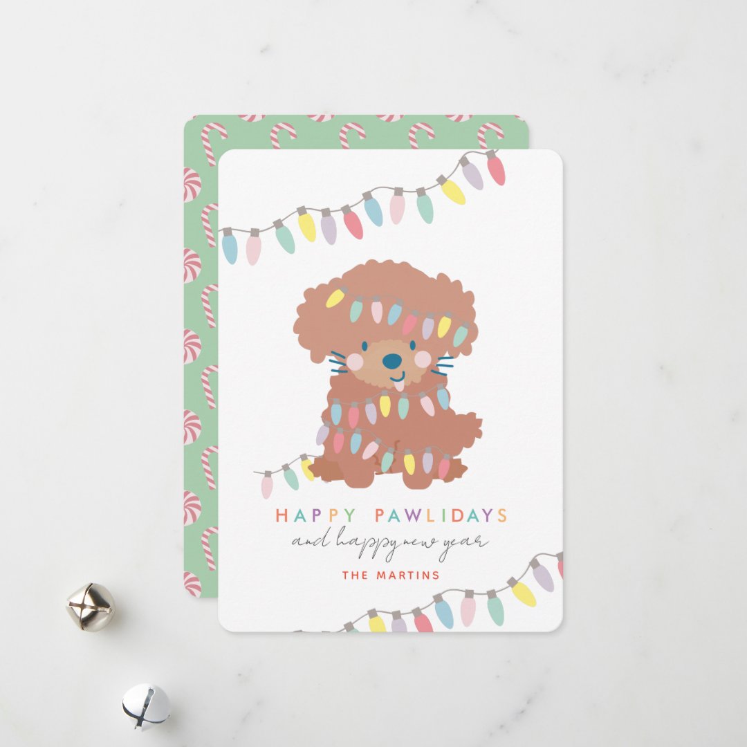 Happy Pawlidays Toy Poodle Puppy Christmas Lights Holiday Card | Zazzle