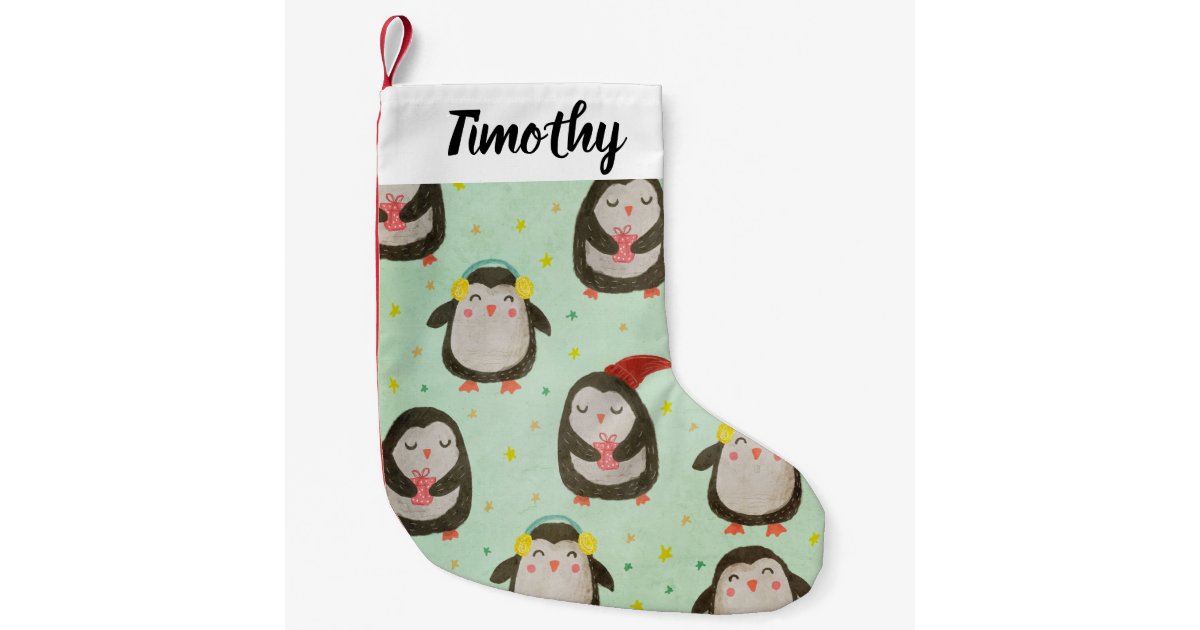 Happy Penguins Wearing Santa Hats w/Ear Muffs Small Christmas Stocking ...