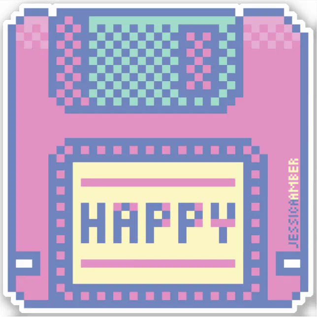 Happy Pink Blue Pixel Art 90s Floppy Disk Sticker | Zazzle
