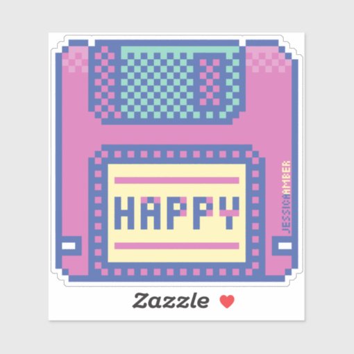 Happy Pink Blue Pixel Art 90s Floppy Disk Sticker | Zazzle