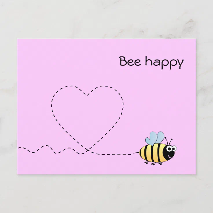 Happy positive bee in love cartoon pink postcard | Zazzle