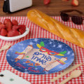 Happy Purim Blue Megillah Grogger Hamantaschen Paper Plates | Zazzle