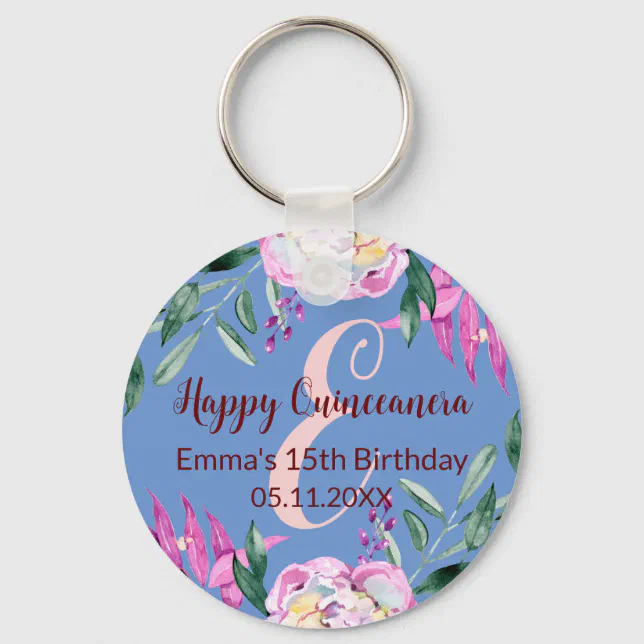 Happy Quinceanera 15 birthday monogram name blue Keychain | Zazzle