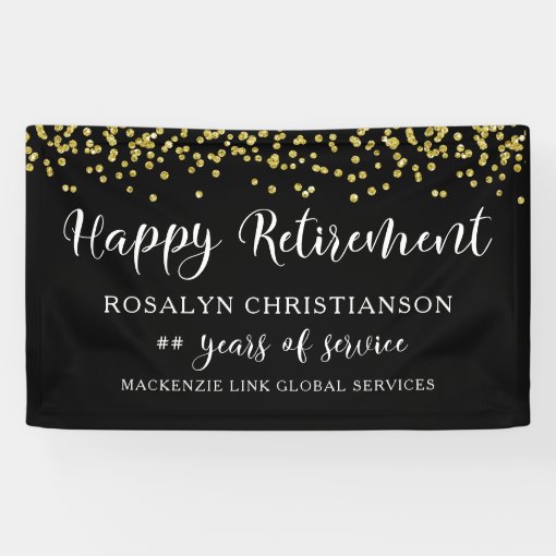 Happy Retirement Black Gold Confetti Script Banner | Zazzle