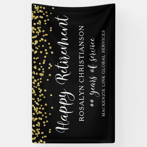 Happy Retirement Black Gold Confetti Script Banner | Zazzle