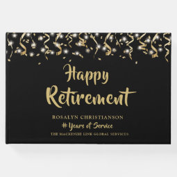 Happy Retirement Black Gold Confetti Streamers Guest Book | Zazzle