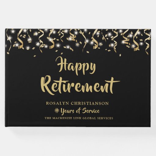 Happy Retirement Black Gold Confetti Streamers Guest Book | Zazzle