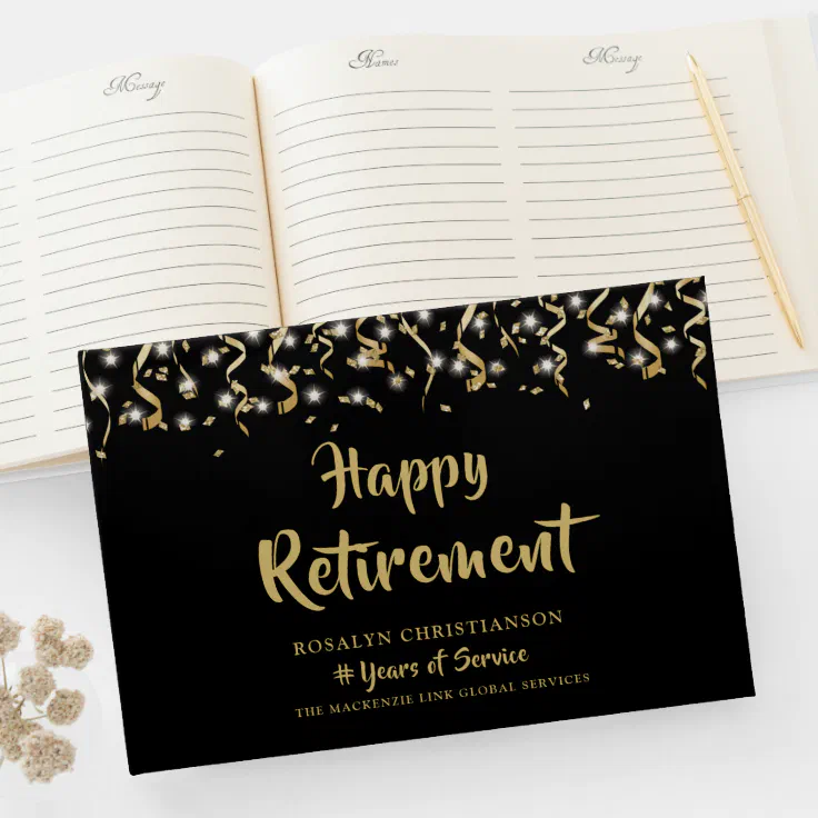 Happy Retirement Black Gold Confetti Streamers Guest Book | Zazzle