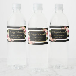 Happy Retirement Black White Stripes Floral Water Bottle Label | Zazzle
