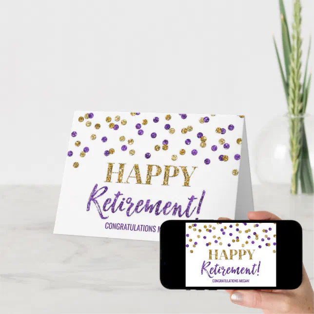 Happy Retirement Congratulations Purple Gold Dots Card | Zazzle