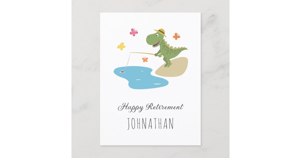 Happy Retirement Cute Cartoon Dinosaur Fishing Postcard | Zazzle