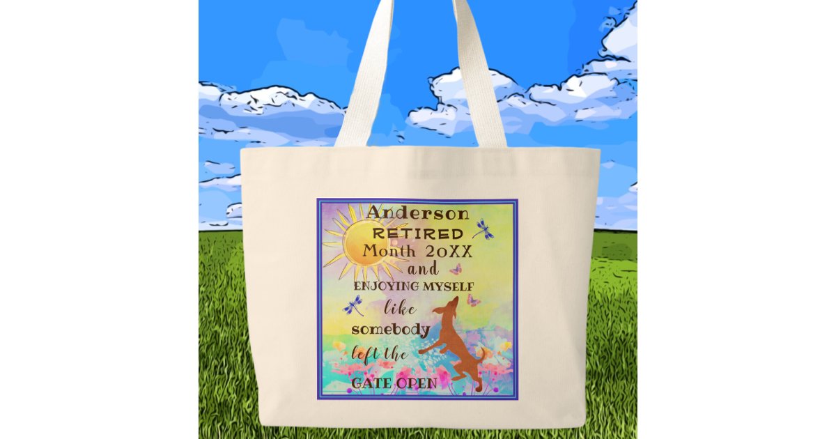 Happy Retirement Cute Dancing Dog Jumping with Joy Large Tote Bag | Zazzle