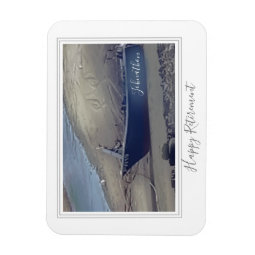 Happy retirement fishing boat on beach magnet | Zazzle