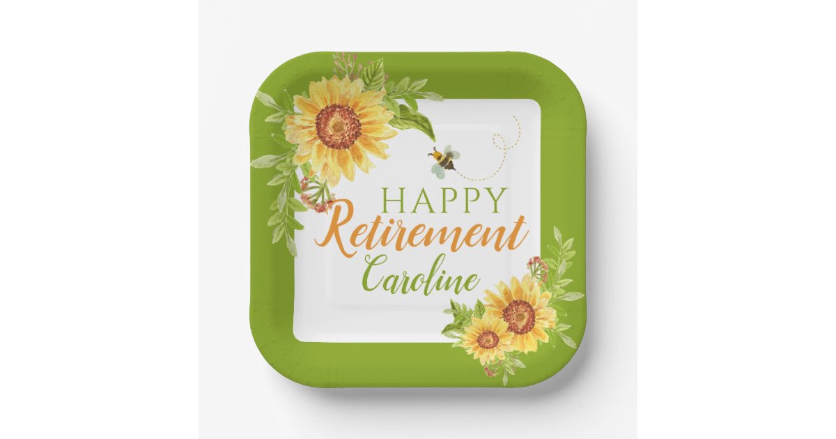 Happy Retirement Floral Sunflower Paper Plates | Zazzle