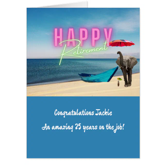 Happy Retirement Funny Surreal Beach Scene BIG Card | Zazzle