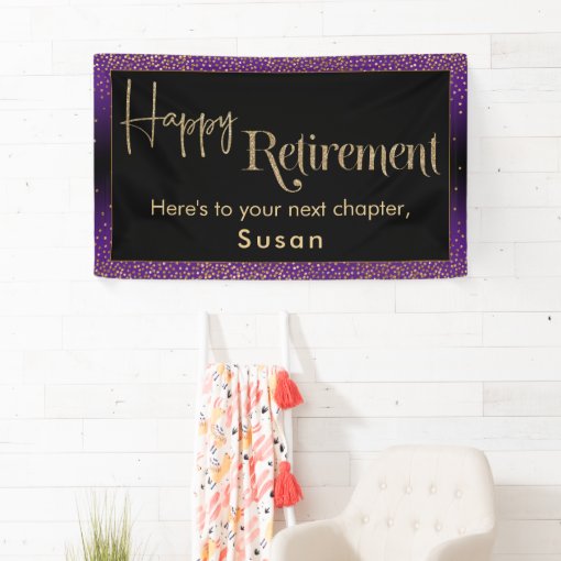 Happy Retirement Gold Confetti, Bright Purple Banner | Zazzle